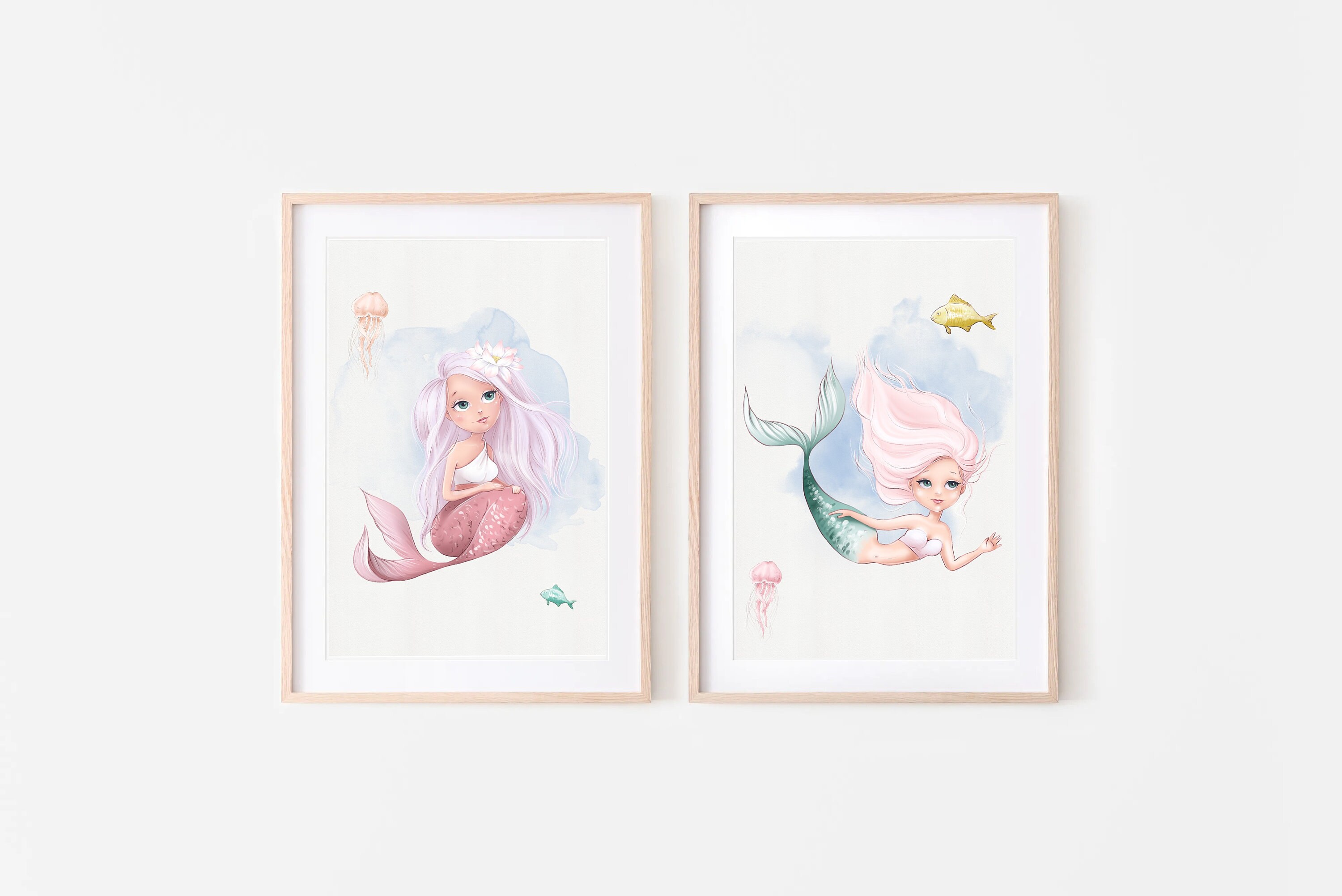 Lovely Mermaids Nursery Childrens Wall Prints, Under the Sea Themed ...