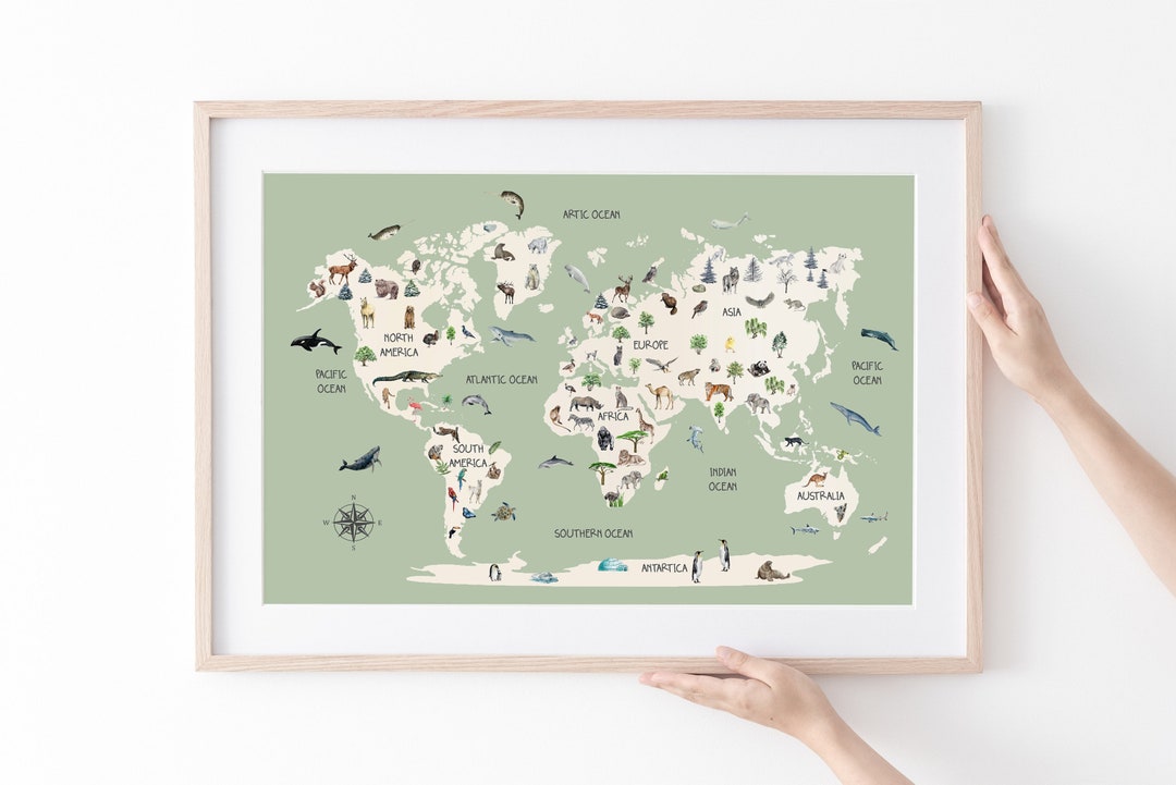 Childrens Animal World Map Wall Print Kids Animal Map - Etsy UK