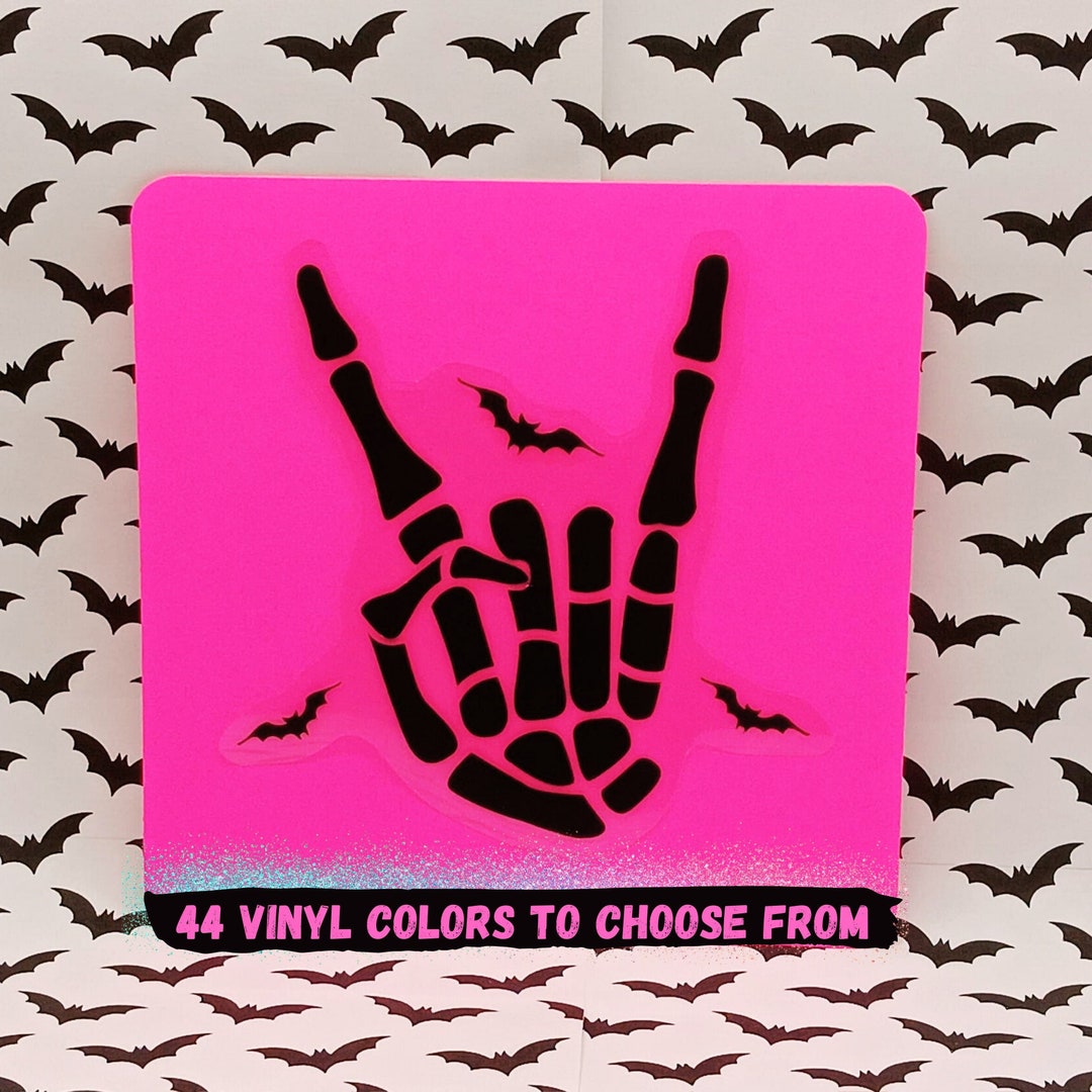Skull Skeleton Hand Bones Rock on Devil Horns Bats Metal Goth Halloween ...