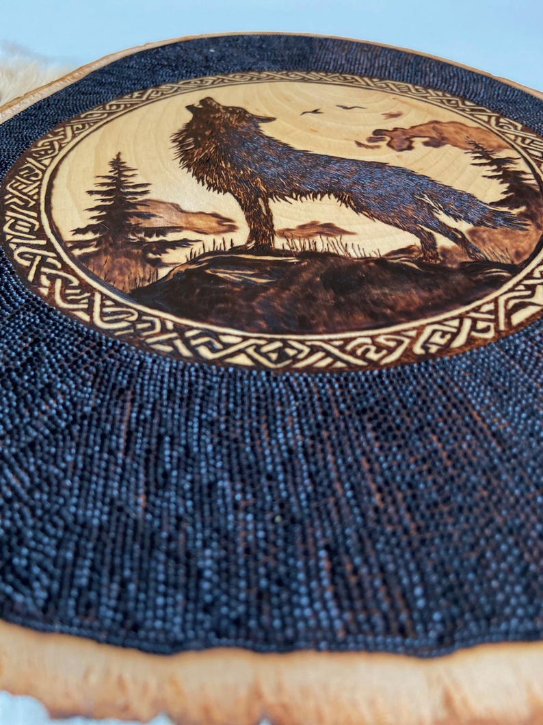 Handmade Wood Burned Design of a Wolf Howling, Celtic Knot Circle ...
