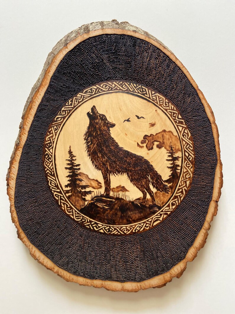 Handmade Wood Burned Design of a Wolf Howling, Celtic Knot Circle ...