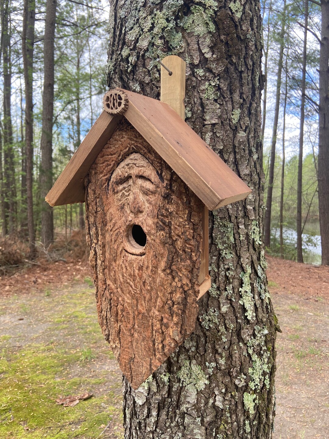 Hand Carved Woodspirit Rustic Wood Birdhouse With Walnut Cross Section ...