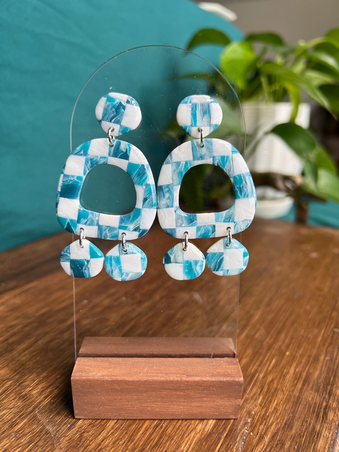 Blue & White Checkered Statements, Lightweight Polymer Clay Earrings - Etsy