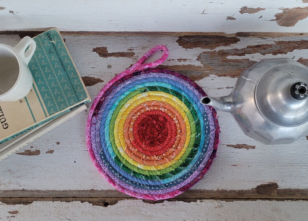 Fabric Scrap Trivet - {joyful} - Colorful Rope Trivet, Wrapped Rope ...