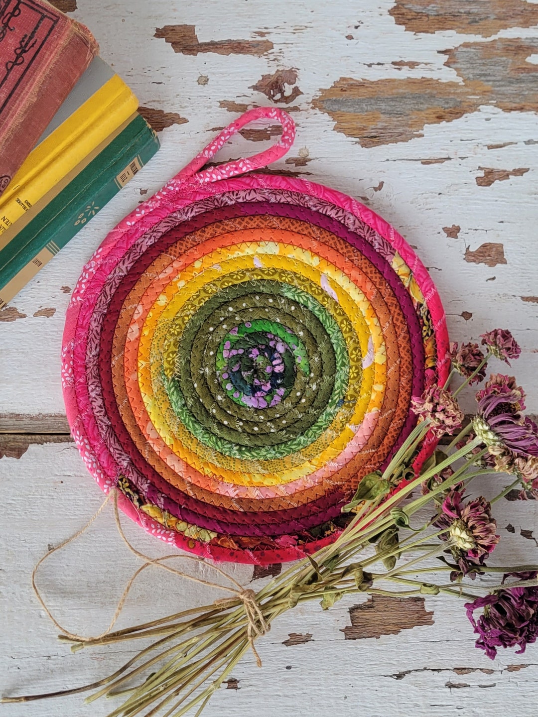 Fabric Scrap Trivet - {zinnia} - Colorful Rope Trivet, Wrapped Rope ...