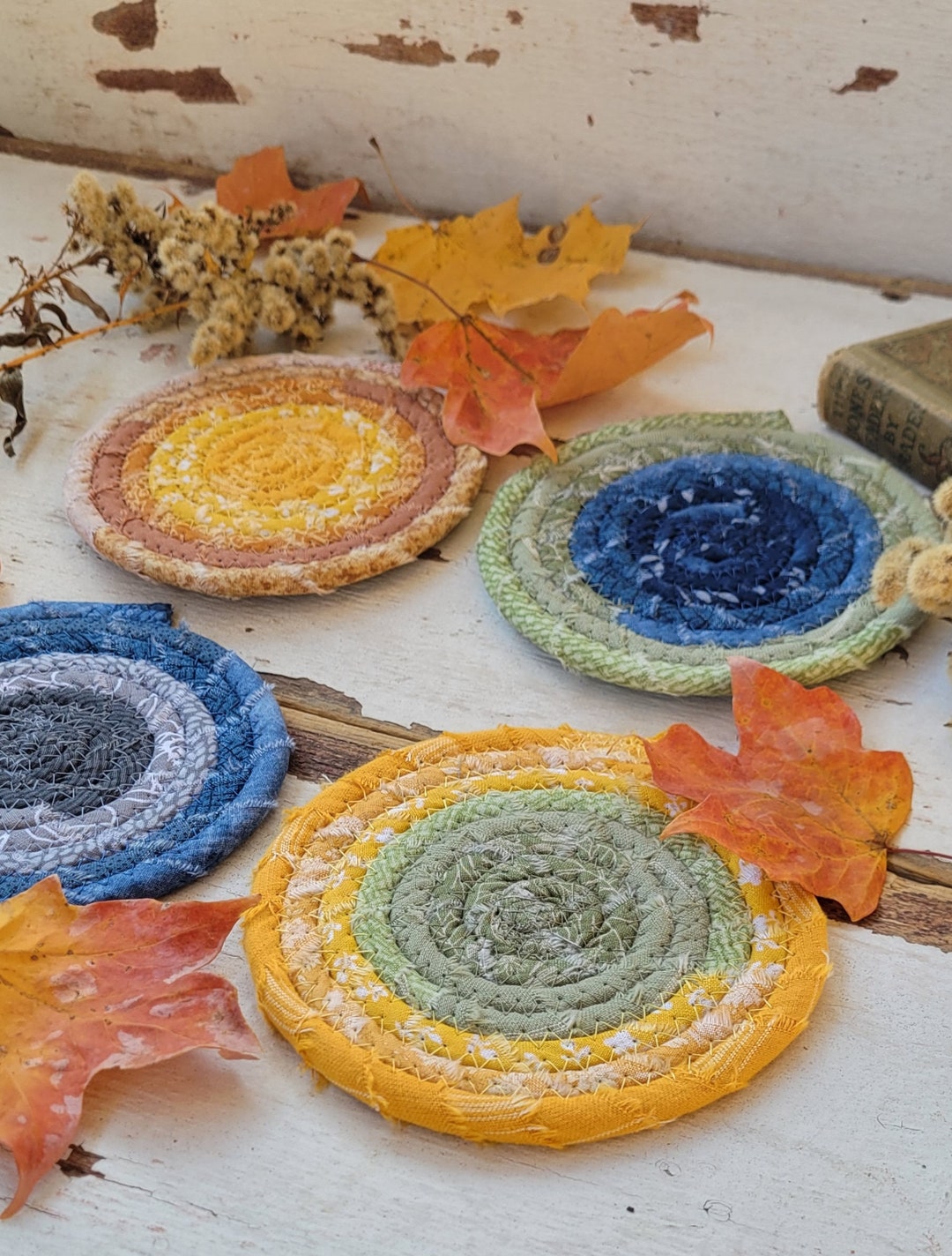 Fabric Scrap Coasters - {frosty Dawn} - Coiled Rope Coasters, Set of ...