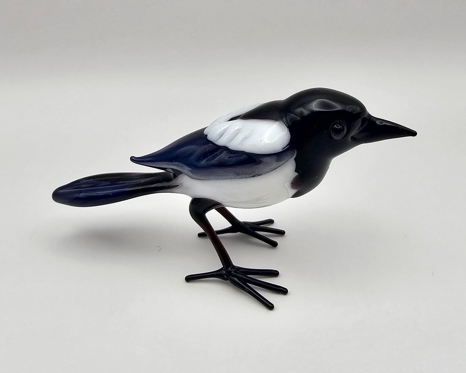 Tiny Glass Magpie Figurine, Handmade Bird Sculpture, Small Black and ...