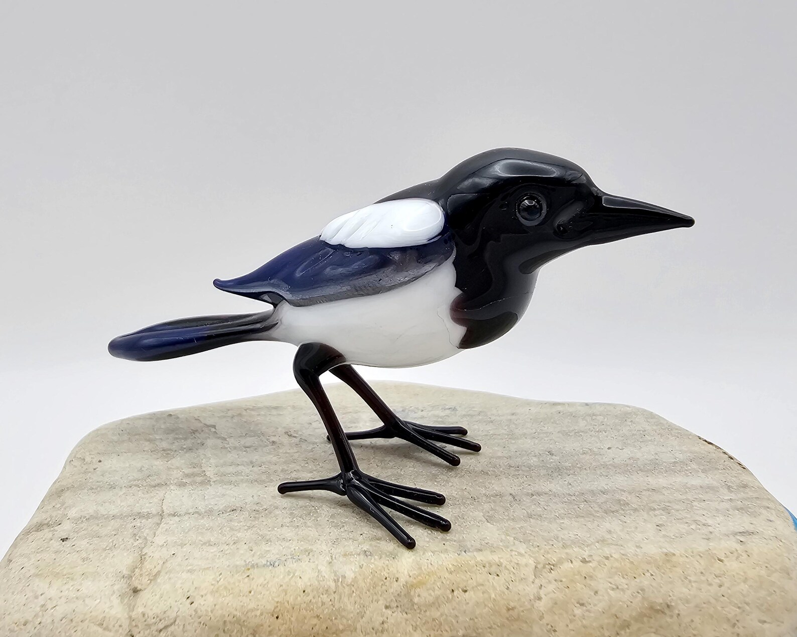 Tiny Glass Magpie Figurine, Handmade Bird Sculpture, Small Black and ...