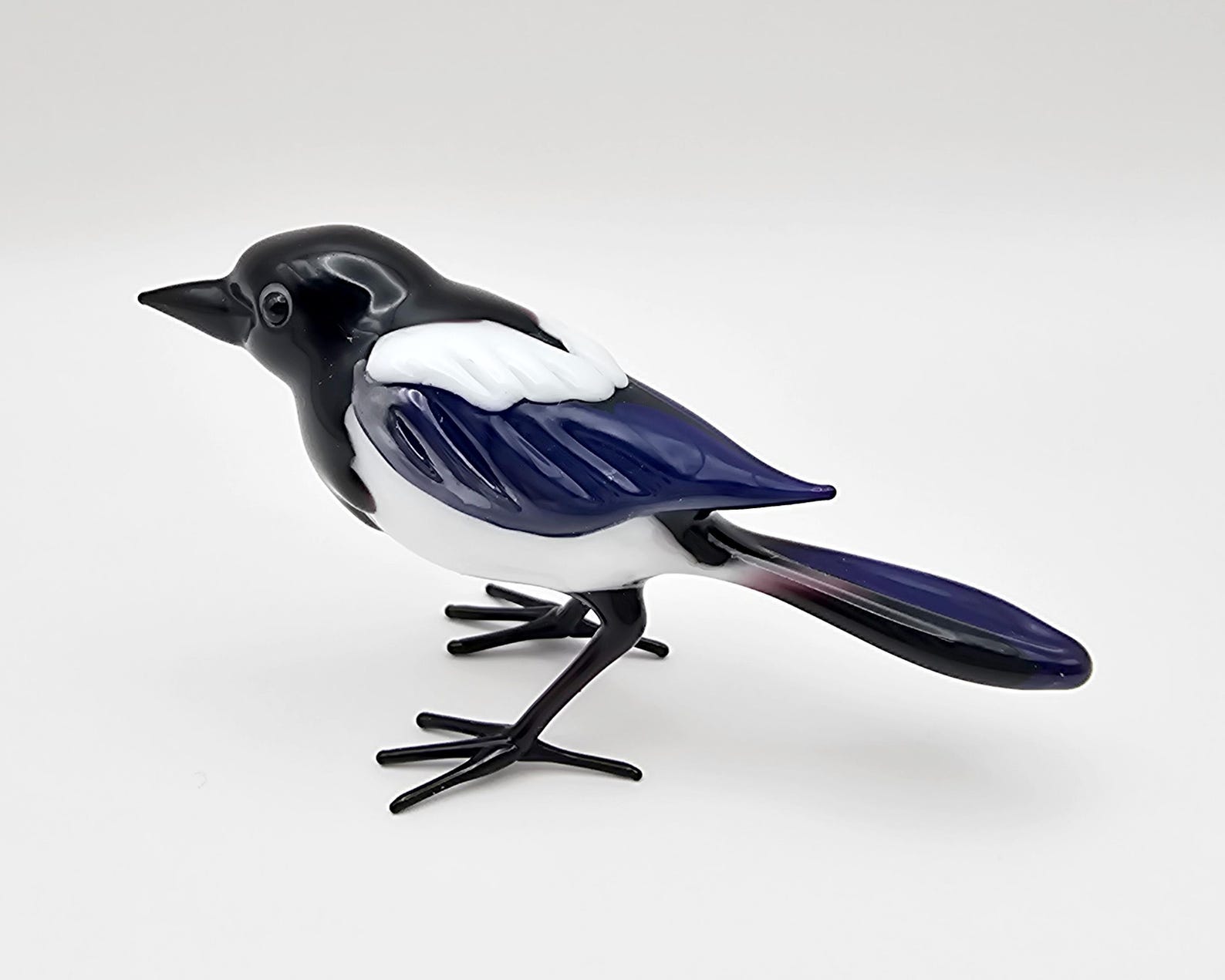 Tiny Glass Magpie Figurine, Handmade Bird Sculpture, Small Black and ...