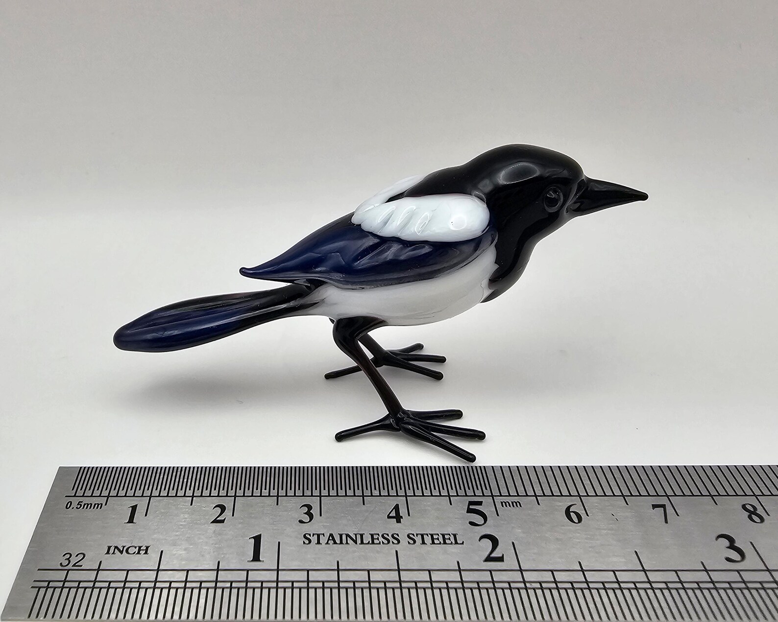 Tiny Glass Magpie Figurine, Handmade Bird Sculpture, Small Black and ...