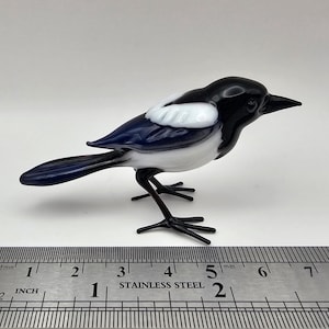 Tiny Glass Magpie Figurine, Handmade Bird Sculpture, Small Black and ...