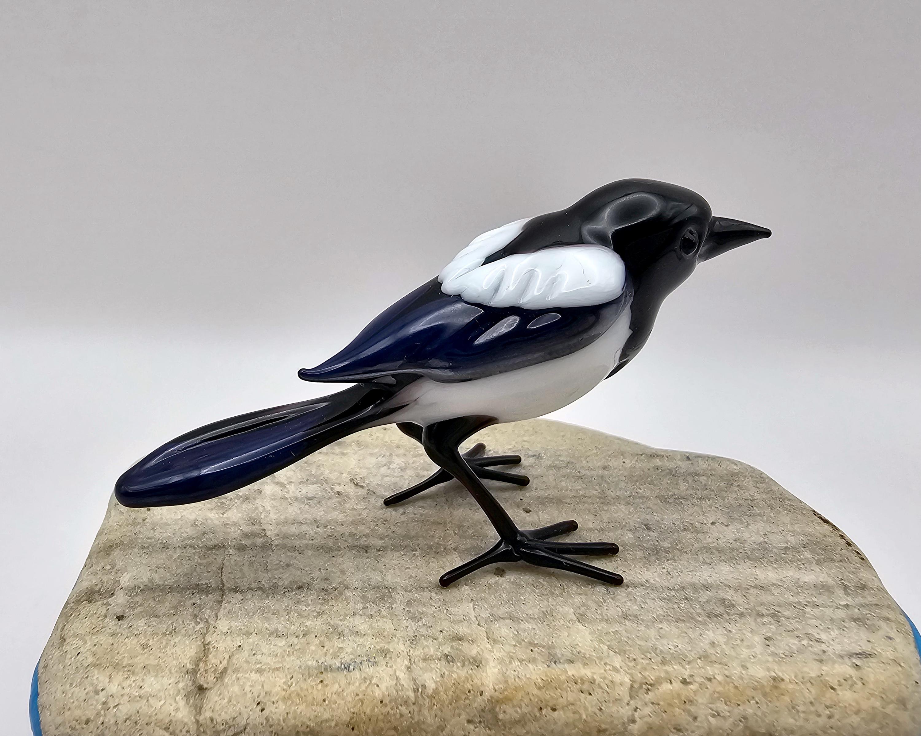 Tiny Glass Magpie Figurine, Handmade Bird Sculpture, Small Black and ...