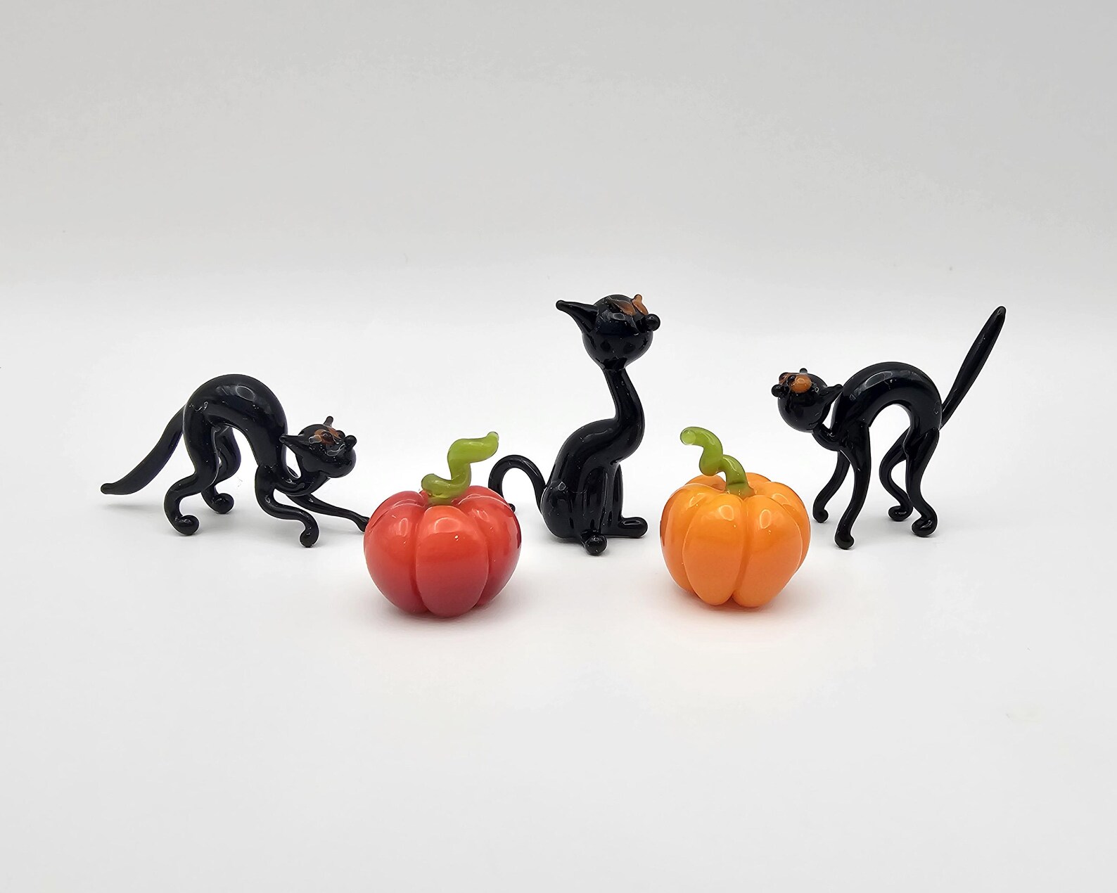 Miniature Halloween Figures, Little Glass Black Cat, Miniature Pumpkin ...