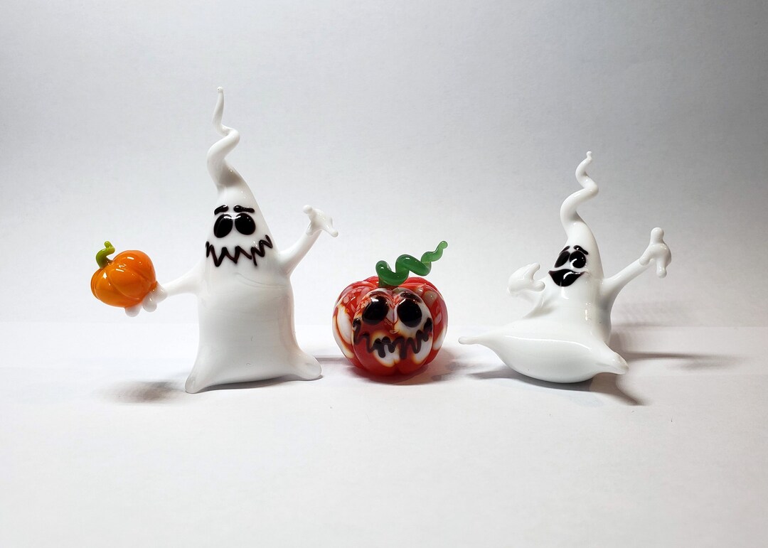 Glass Ghost and Pumpkin Figurine, Figurine Ghost, Little Glass Pumpkin ...
