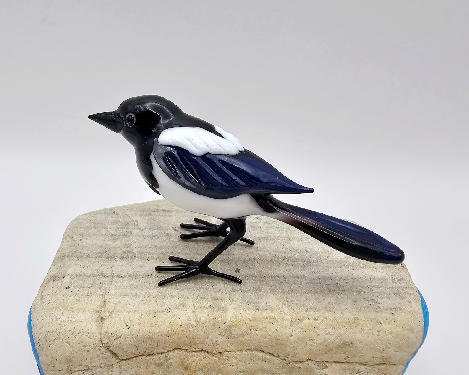 Tiny Glass Magpie Figurine, Handmade Bird Sculpture, Small Black and ...