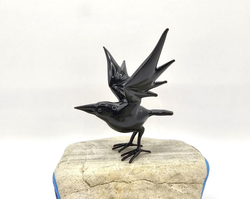 Black Crow Figurine, Handmade Black Bird Sculpture, Hand Blown Glass ...