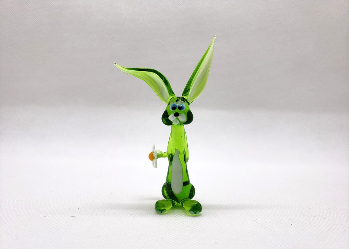Art Glass Rabbit With Flower, Blown Glass Rabbit, Glass Miniature ...