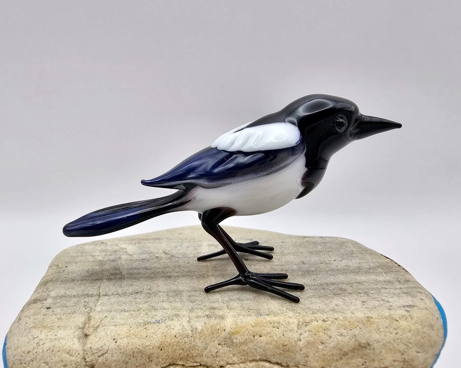 Tiny Glass Magpie Figurine, Handmade Bird Sculpture, Small Black and ...