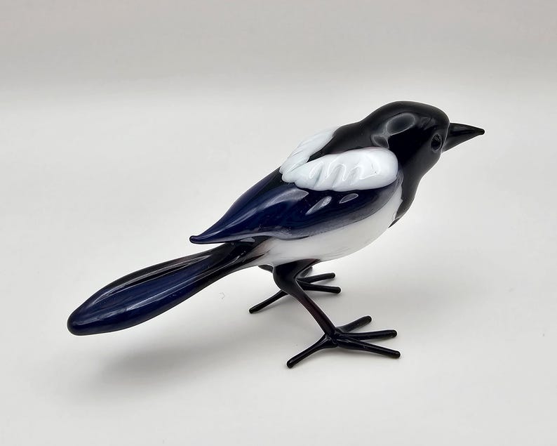 Tiny Glass Magpie Figurine, Handmade Bird Sculpture, Small Black and ...