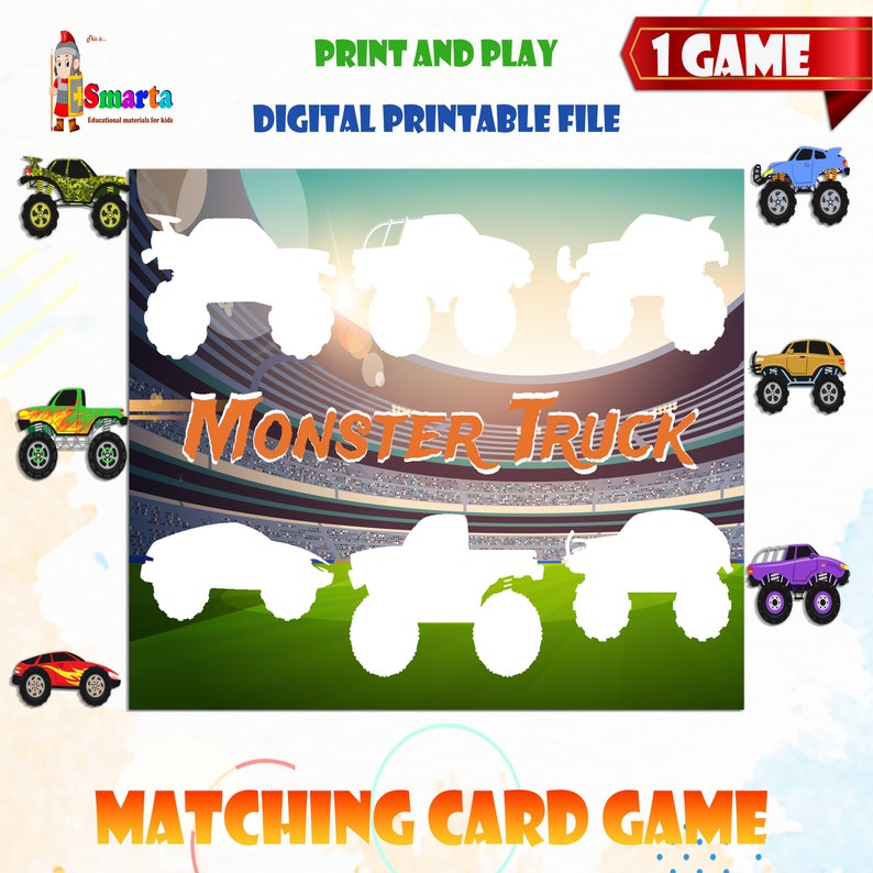 Preschool Curriculum, Monster Truck Pages, Matching Card Game - Etsy