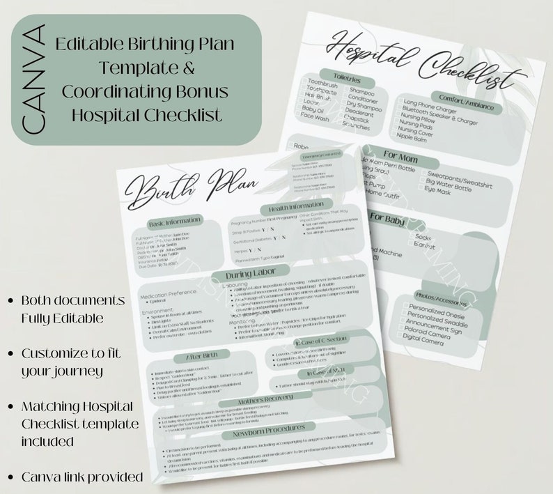 Editable Birth Plan and Hospital Checklist -digital Download - Etsy