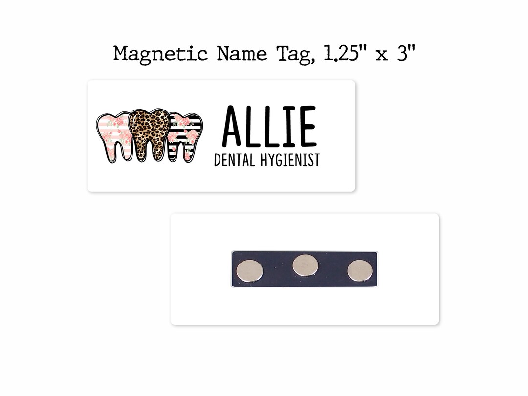 Magnetic Name Badge, Personalized Dental Name Tag, Cheetah Floral Tooth ...