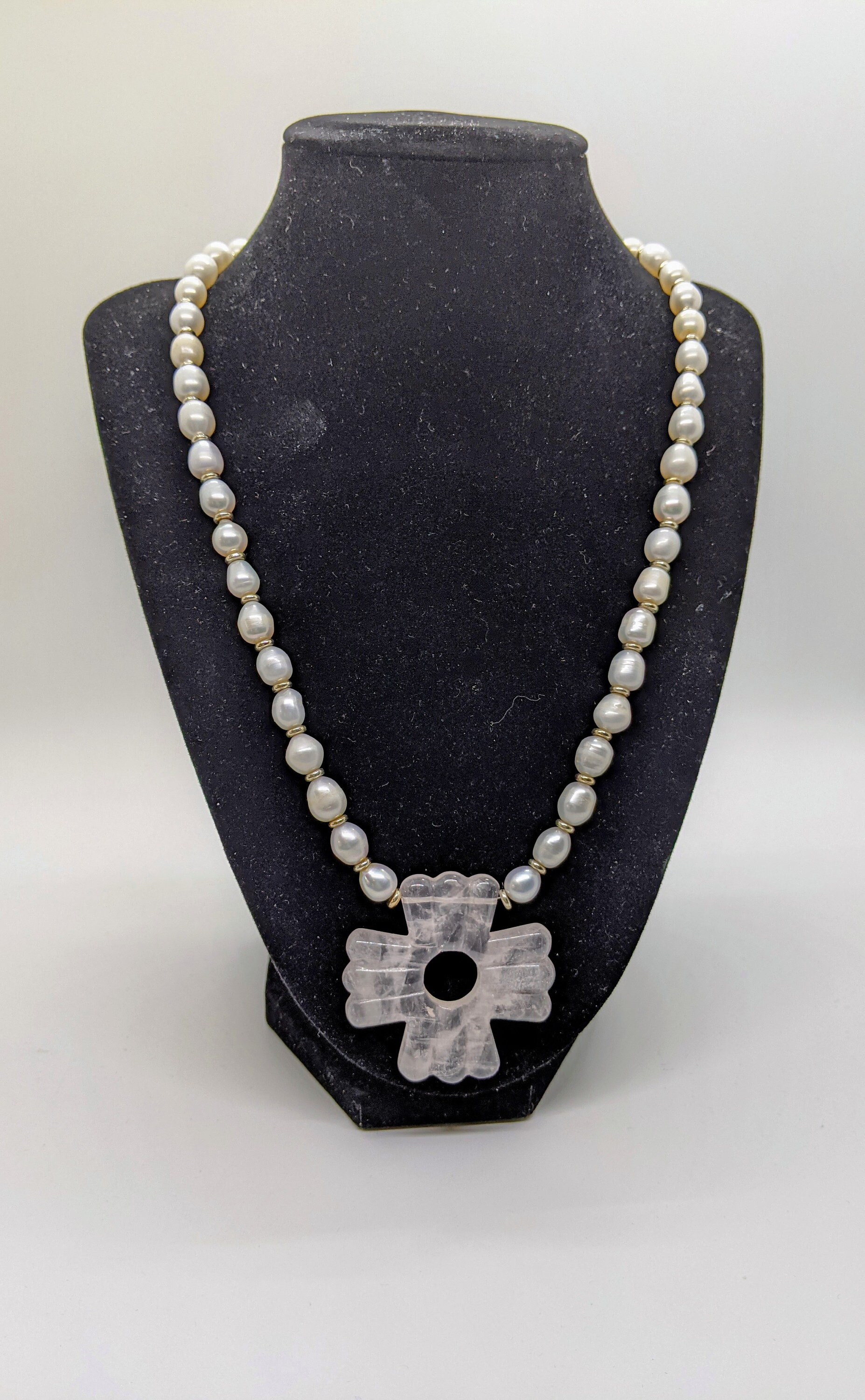 Freshwater Pearl Necklace Rose Quartz Pendant Dainty Cross Etsy