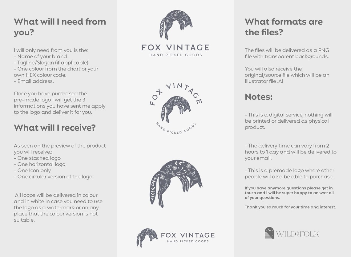 Premade Boho Logo Fox Logo Gypsy Logo Flower Logo - Etsy