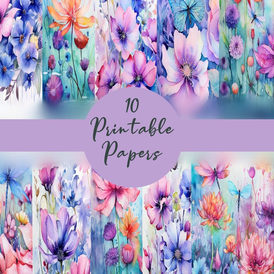 Watercolor Flowers Dragonflys and Butterflys Digital Paper - Etsy