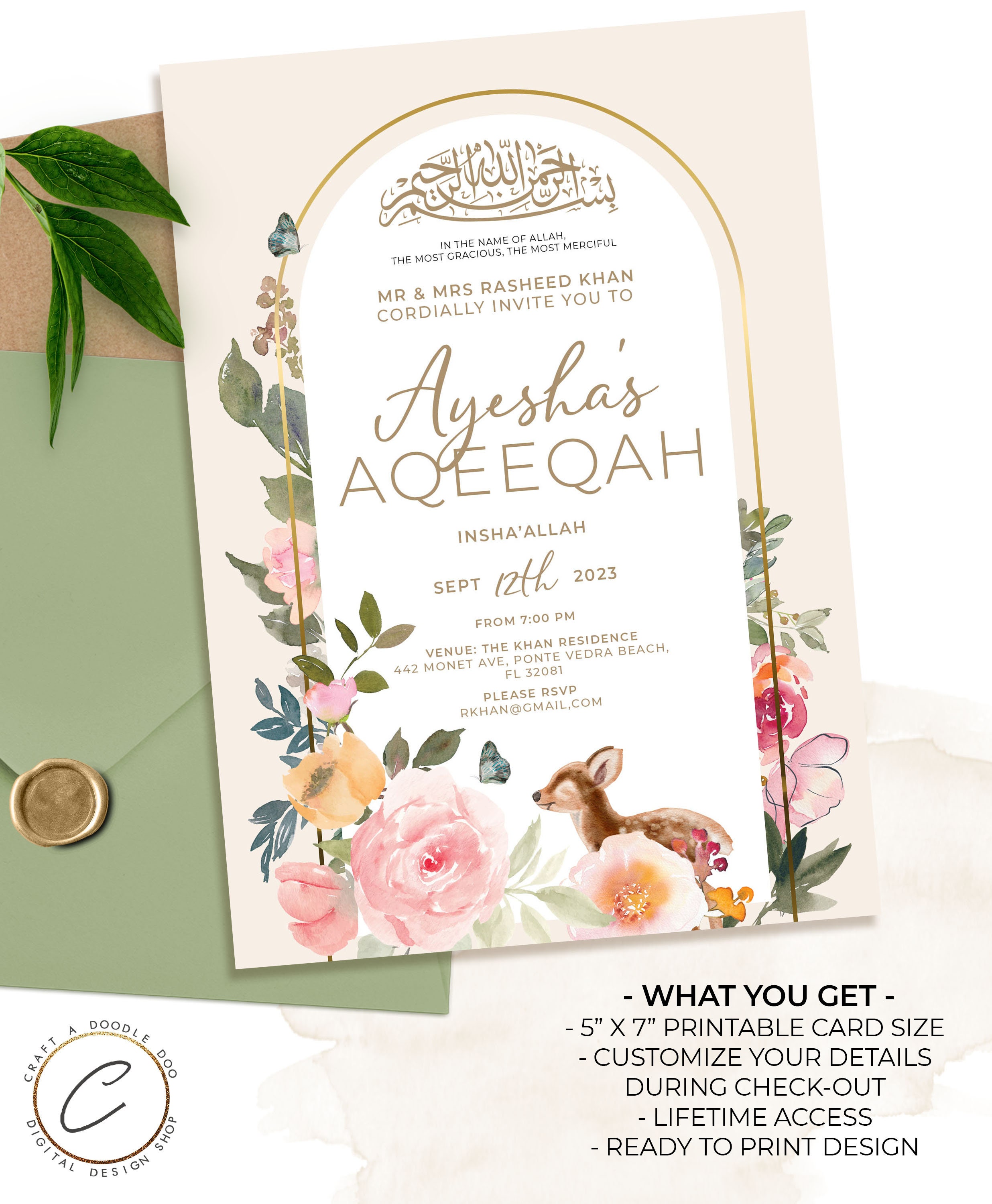 Custom Aqeeqah Invitation Digital Download, Personalized Islamic Unisex ...