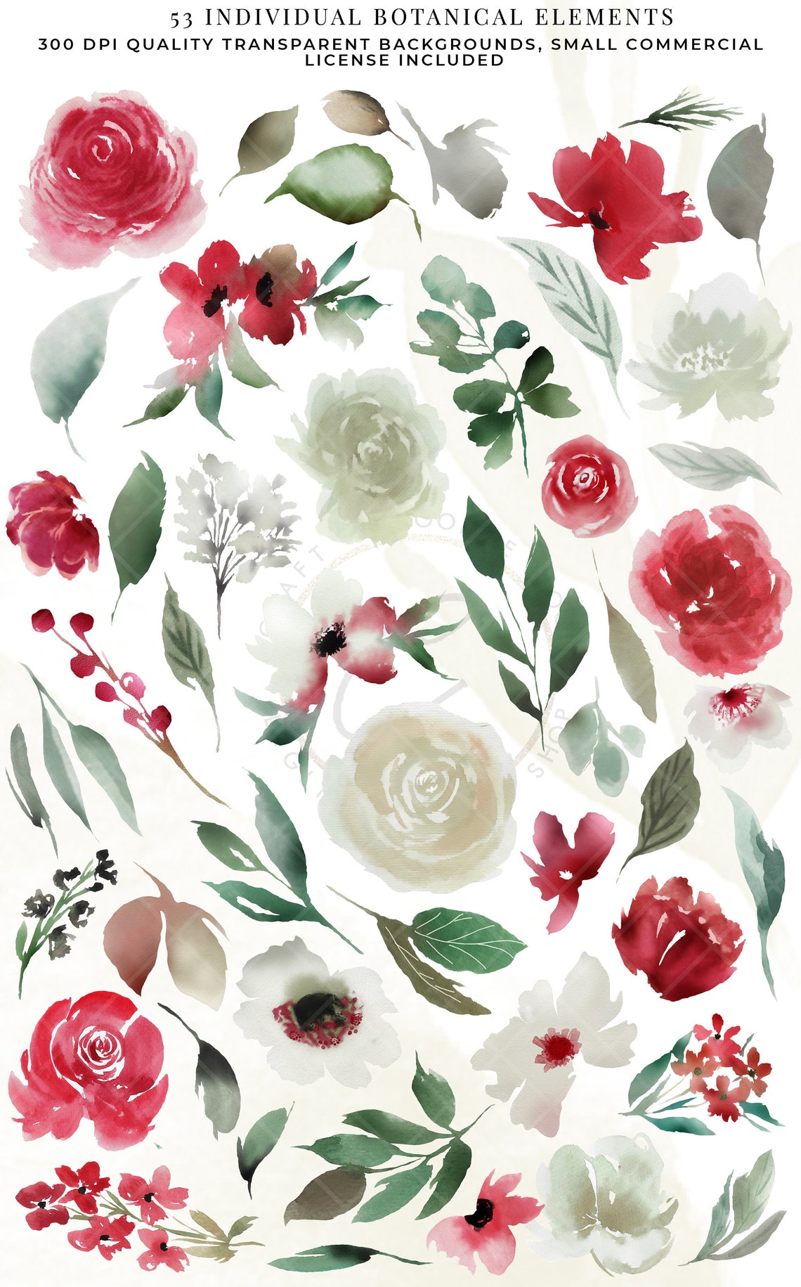 Red White Watercolor Flower Clipart Commercial Use Hand | Etsy