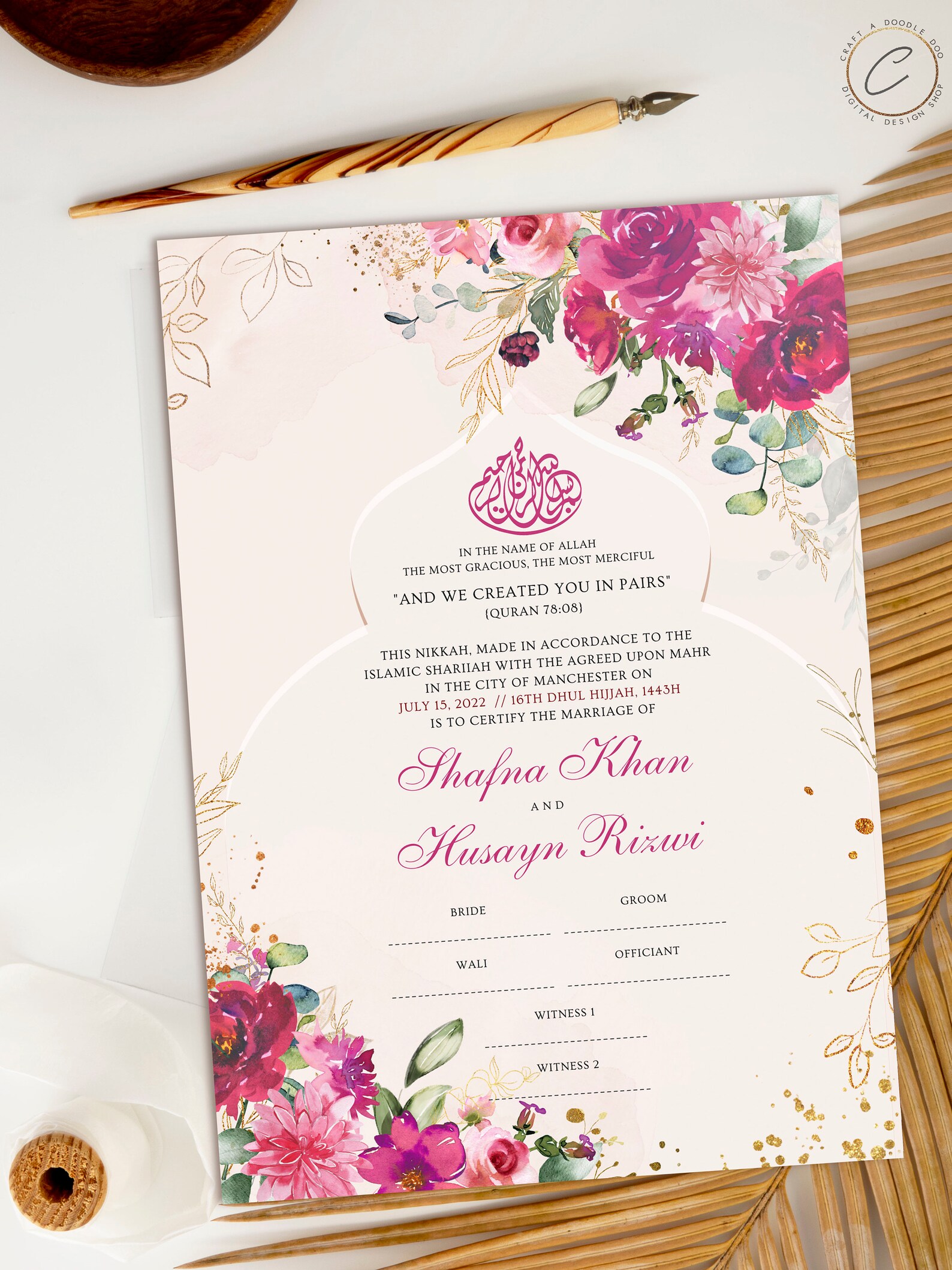 Editable Nikkah Contract Luxury Gold Pink Floral Nikahnama - Etsy
