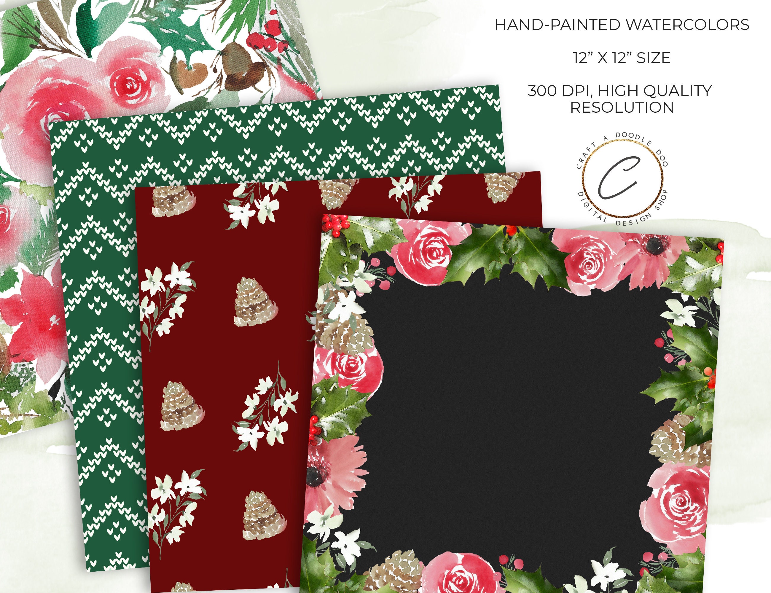 Holly Rose Digital Paper Pack Watercolor Holiday Paper Set - Etsy