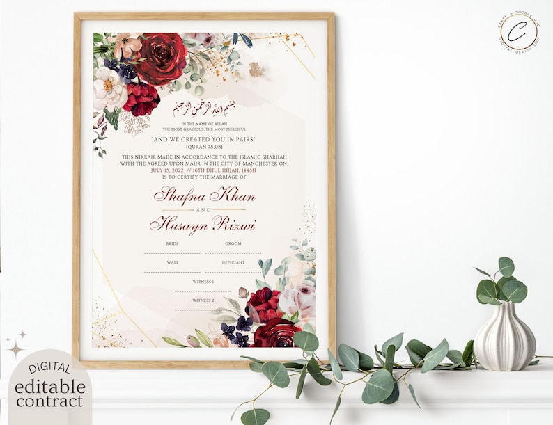 Editable Nikkah Contract Gold Burgundy Floral Nikahnama - Etsy