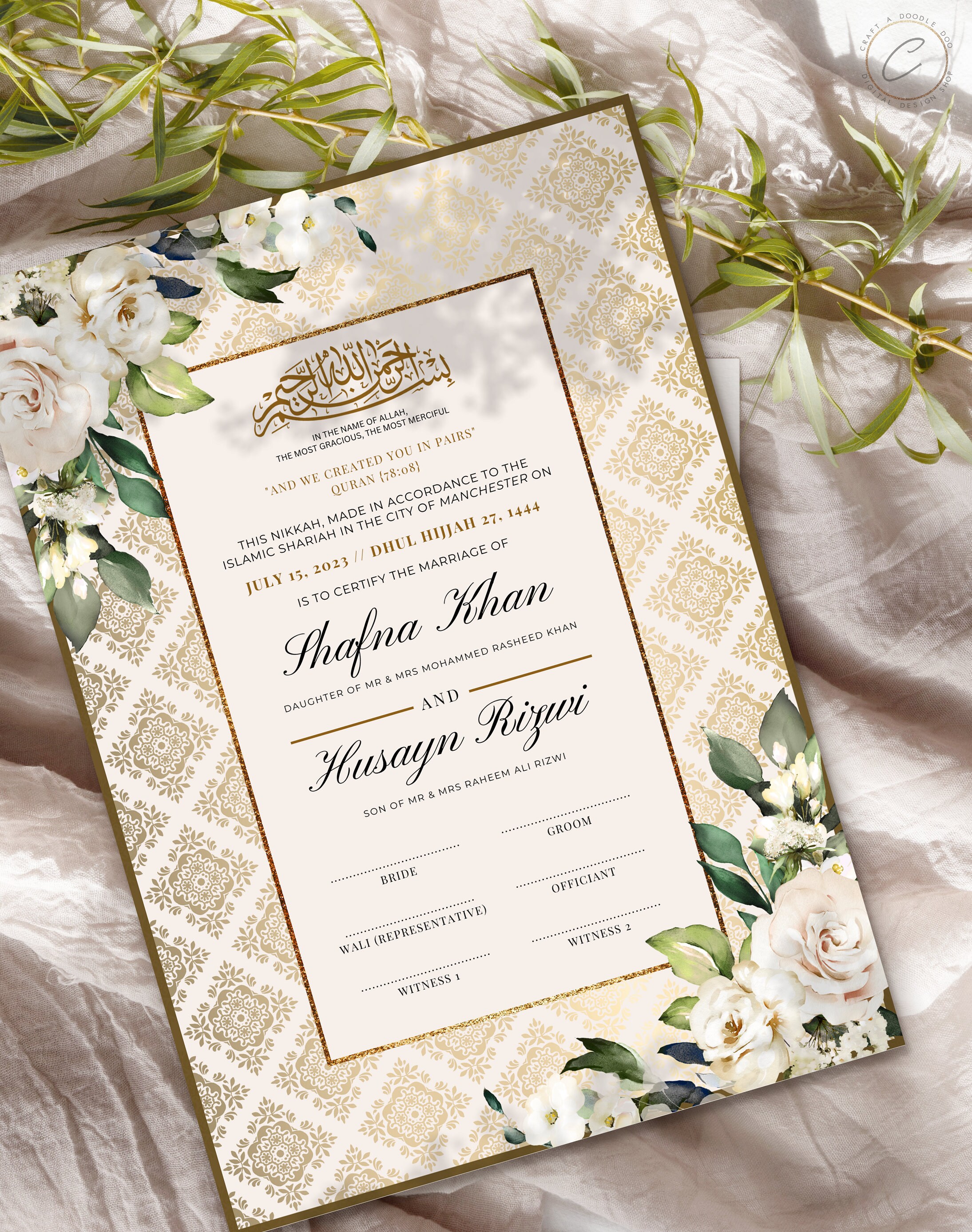 Editable Nikkah Contract Template Digital Gold White Floral - Etsy