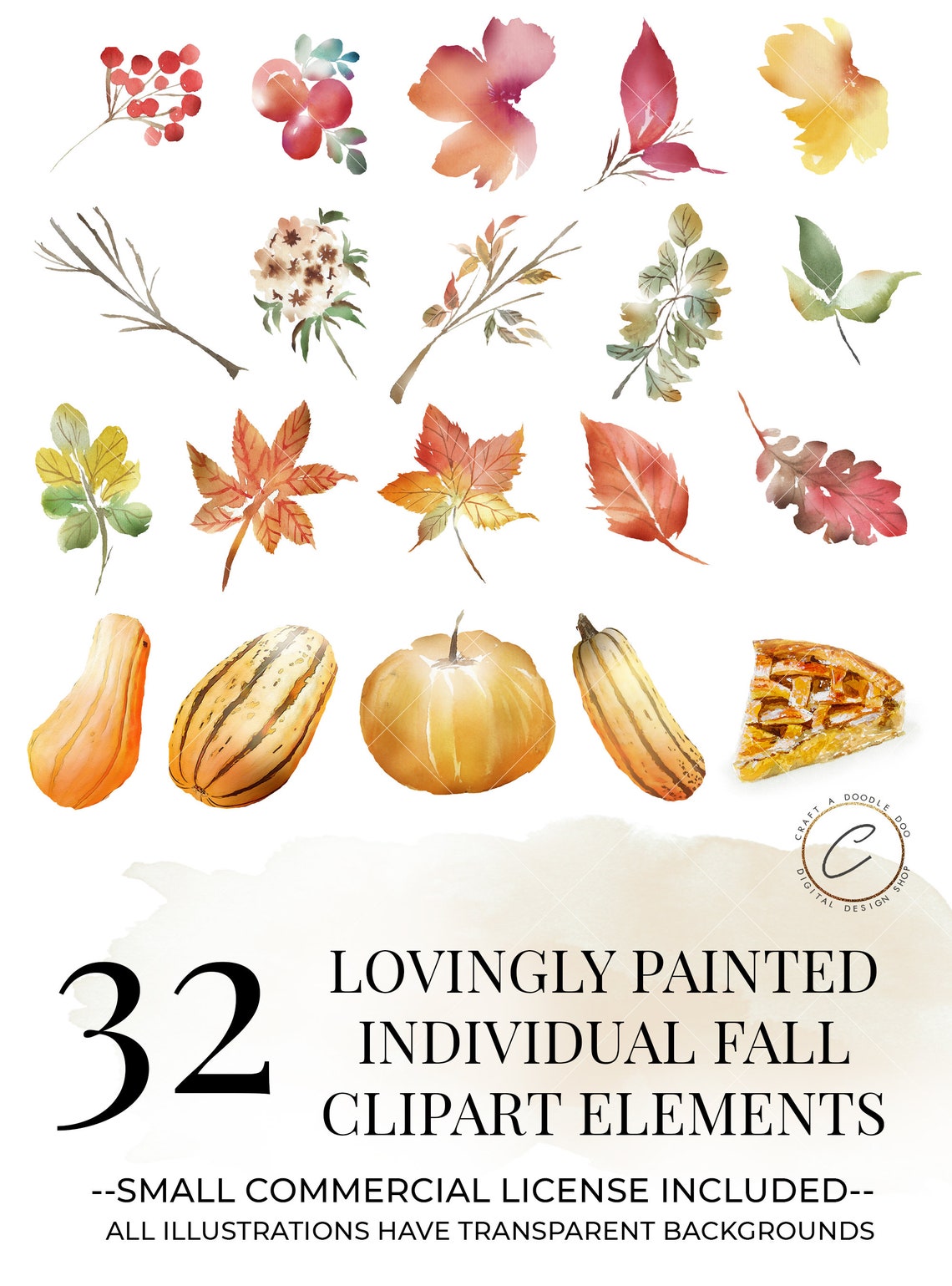 Rustic Fall Watercolor Clipart PNG Autumn Pumpkin Floral | Etsy