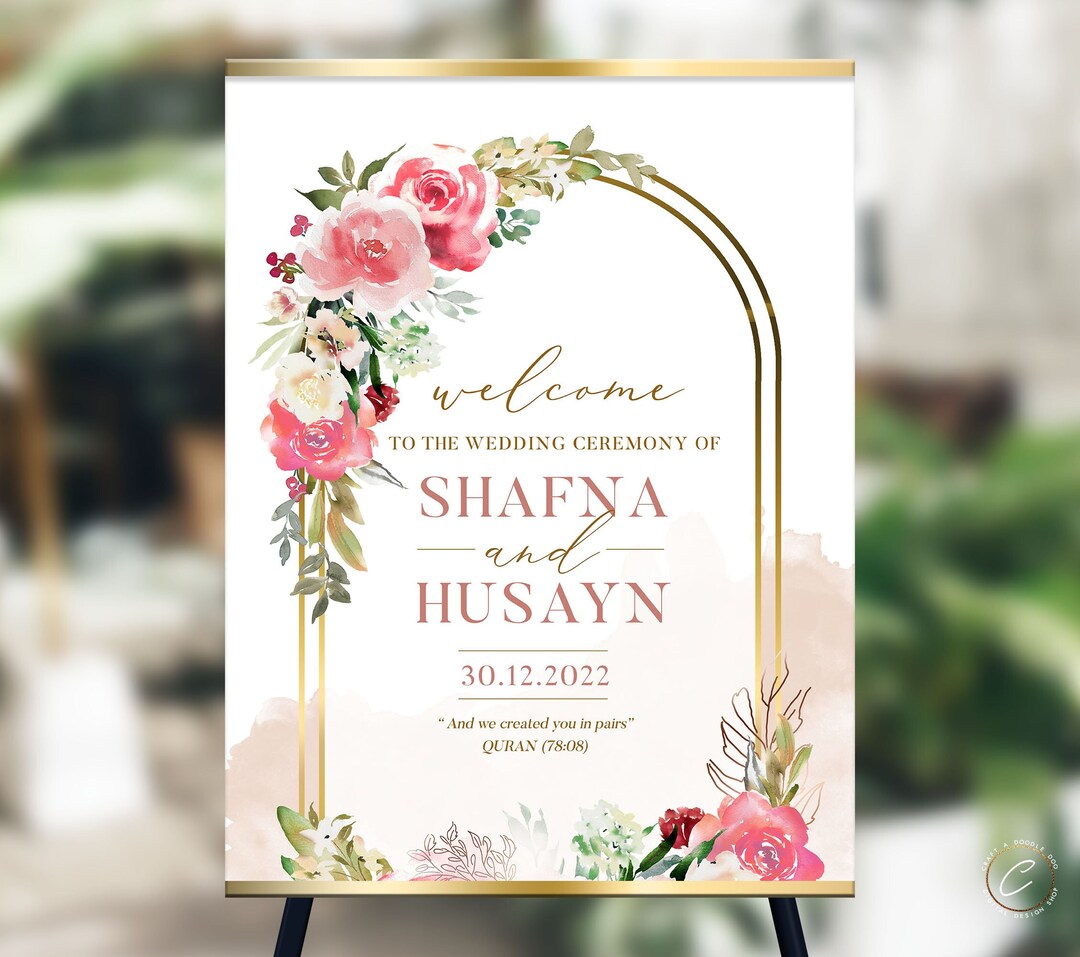 Floral Muslim Wedding Welcome Sign, Custom Pink Nikah Announcement ...