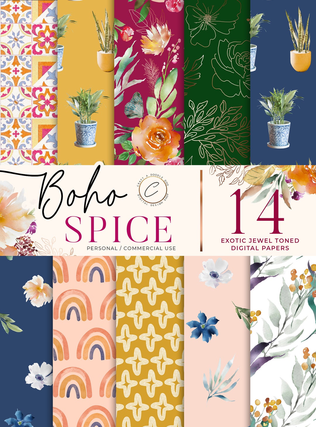 Watercolor Boho Digital Paper Commercial Use, Exotic Oriental Tile ...