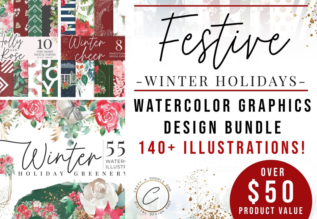 Watercolor Winter Digital Paper Pack & Holiday Clipart Commercial Use ...