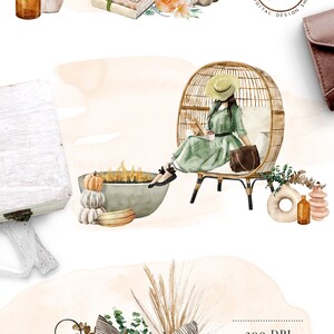 Watercolor Fall Decor Clipart, Cozy Autumn Clip Art Commercial Use PNG ...