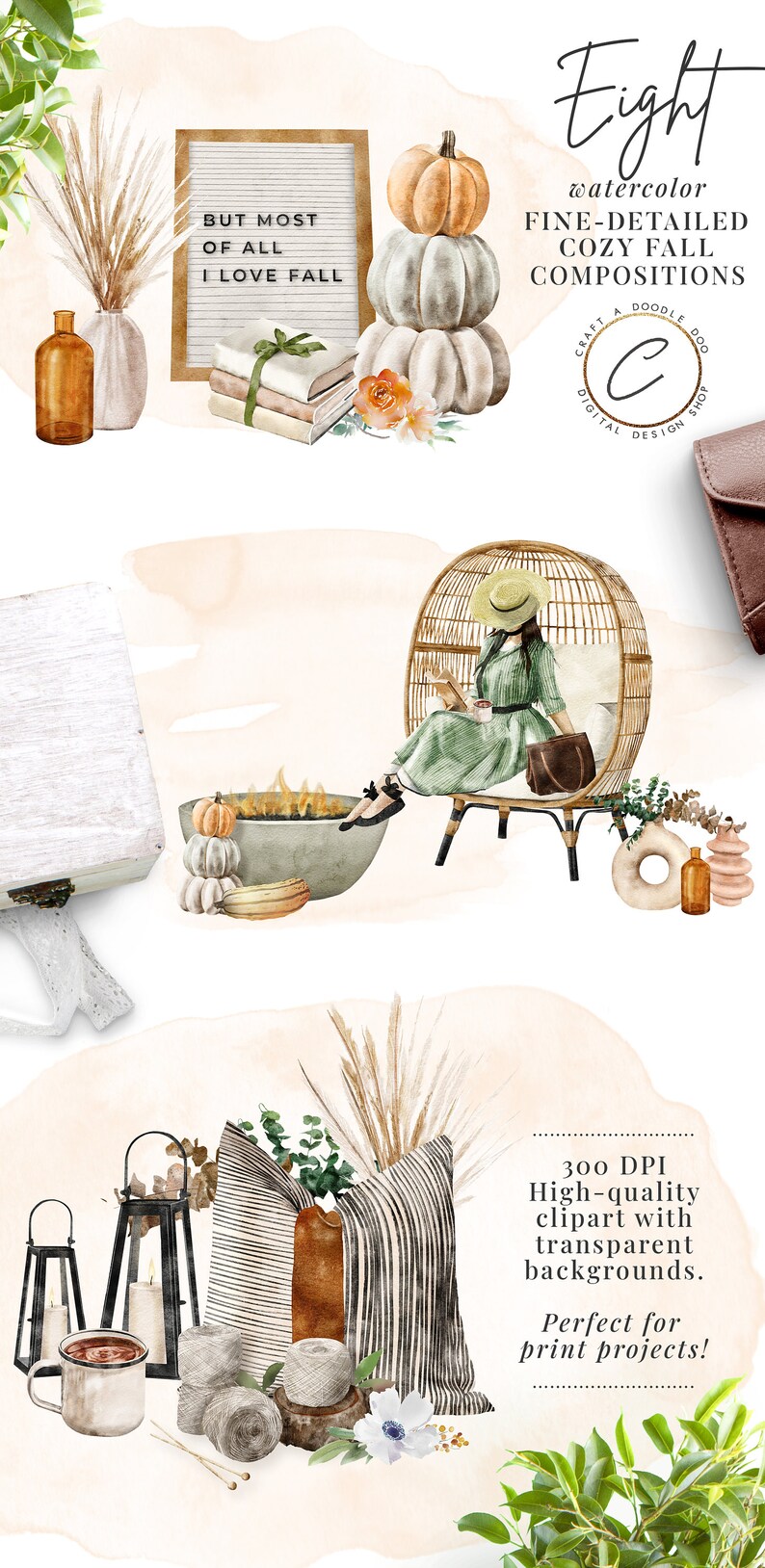 Watercolor Fall Decor Clipart Cozy Autumn Clip Art Commercial - Etsy