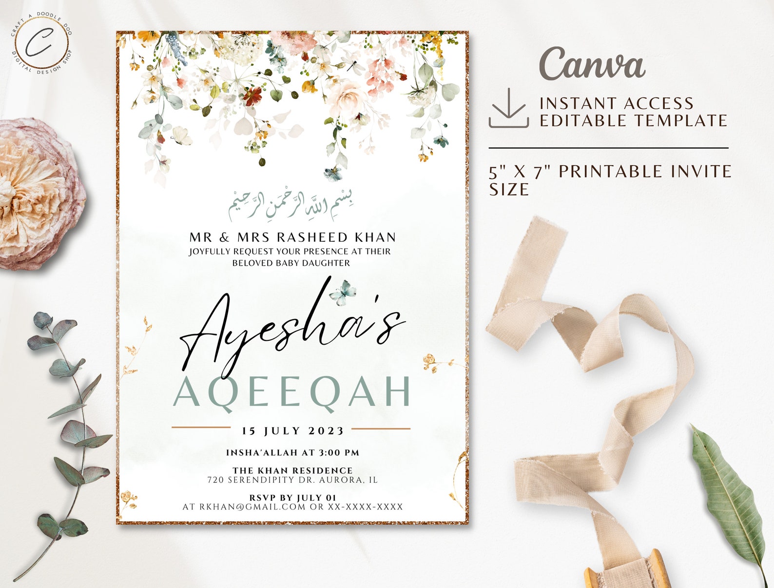 Editable Aqeeqah Invitation Baby Girl Digital Download Evite, Custom ...
