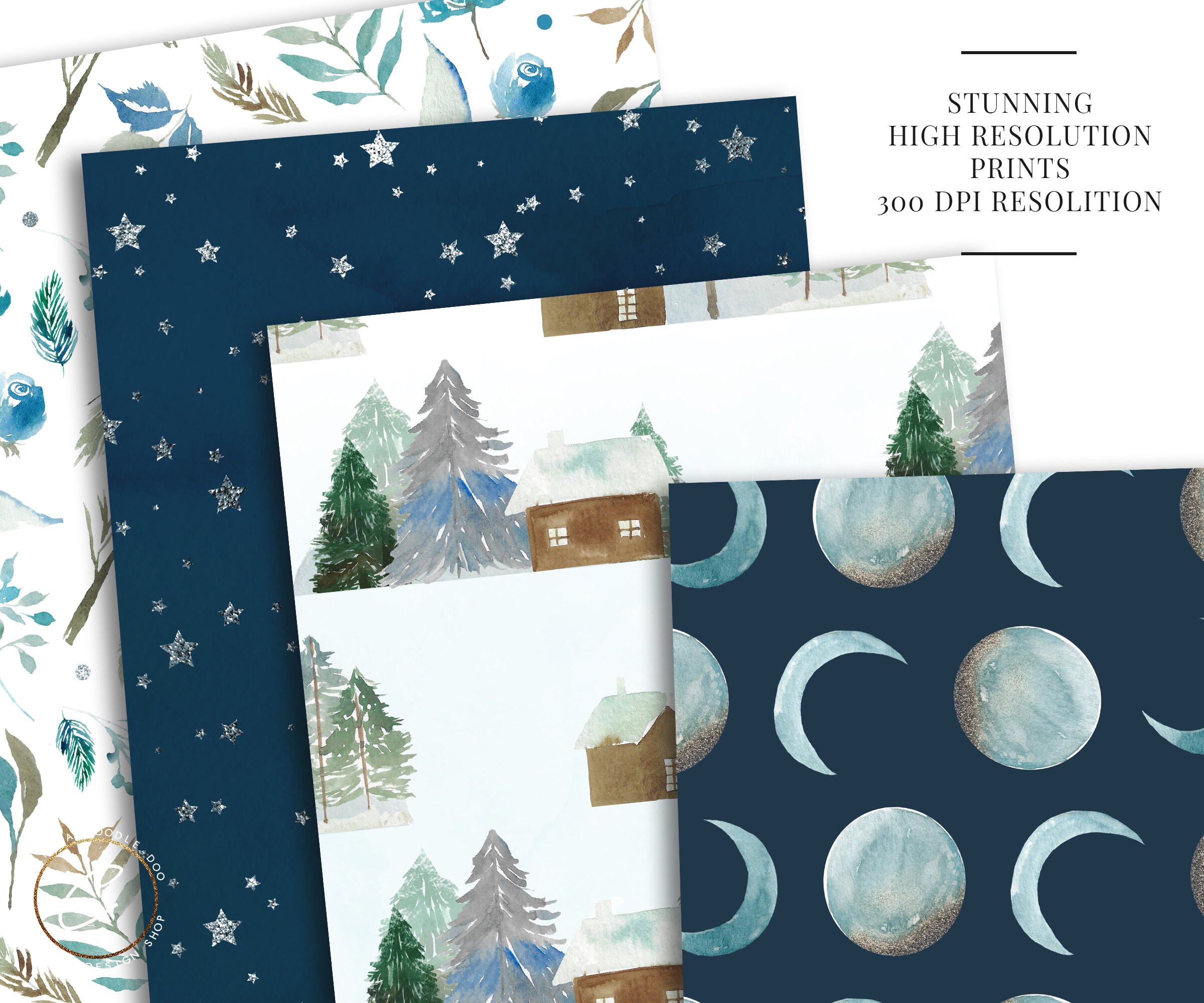 Blue Winter Digital Paper Pack Holiday Scrapbook Watercolor - Etsy