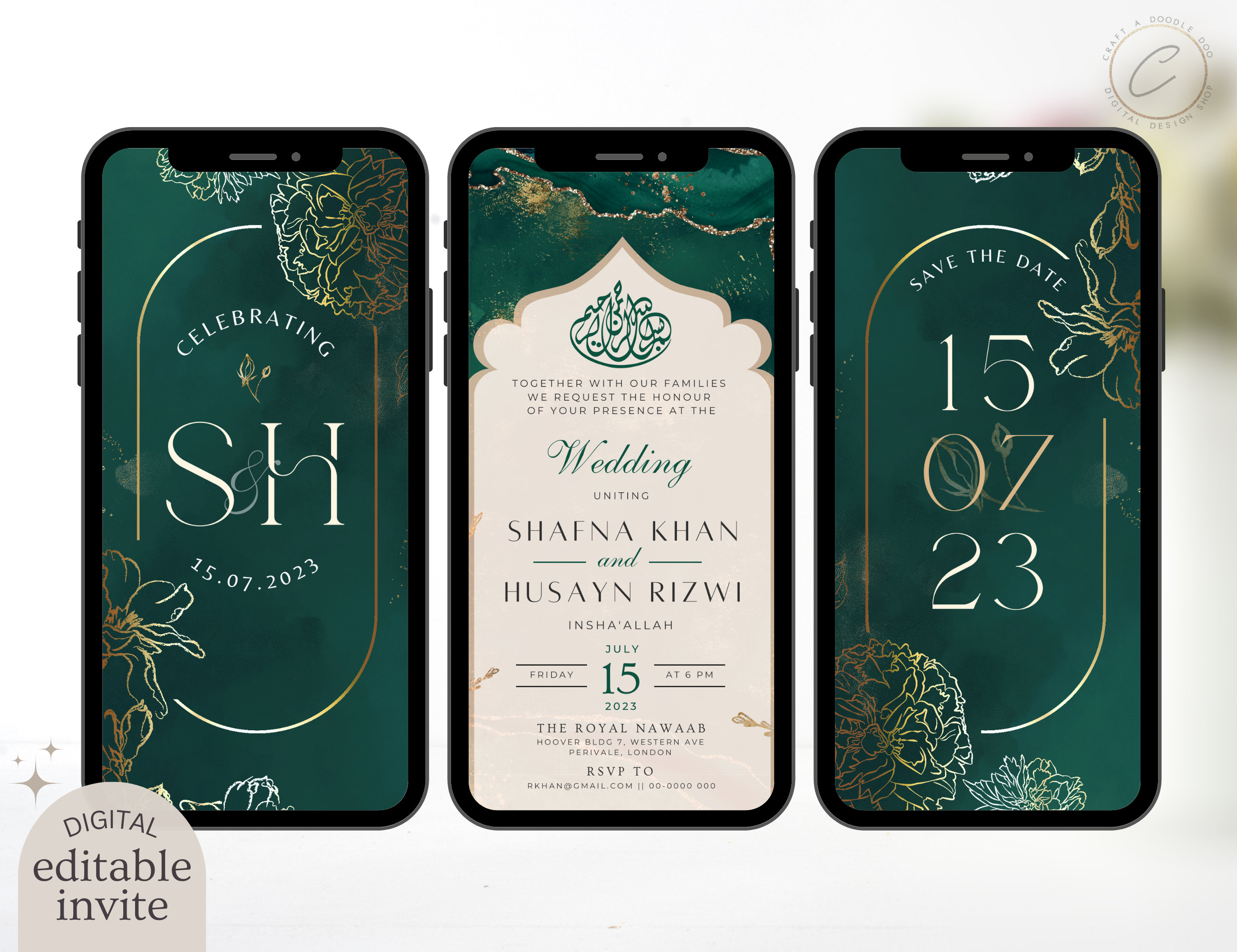 Digital Muslim Wedding Invitation Template, Luxury Electronic Emerald ...