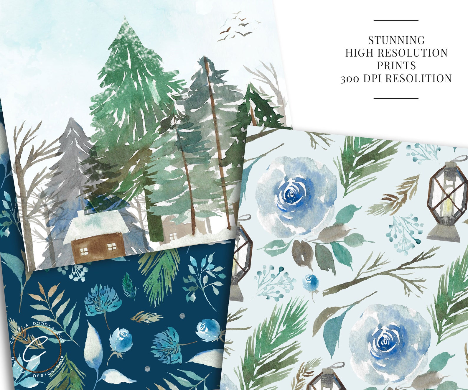 Winter Digital Paper & Clipart Holiday Watercolor Graphics | Etsy