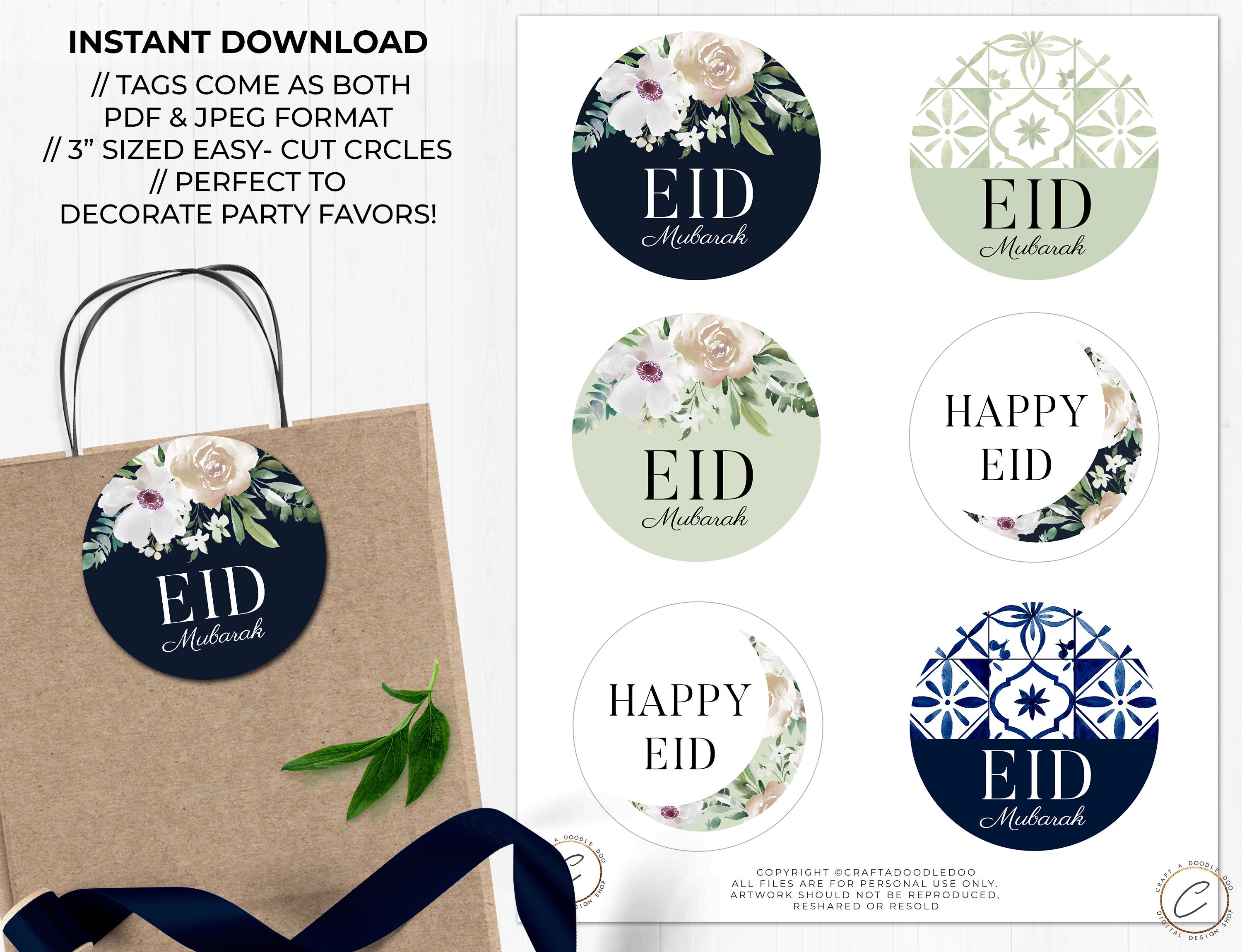 Set of 6 Eid Gift Tags Printable Digital Download Eid | Etsy