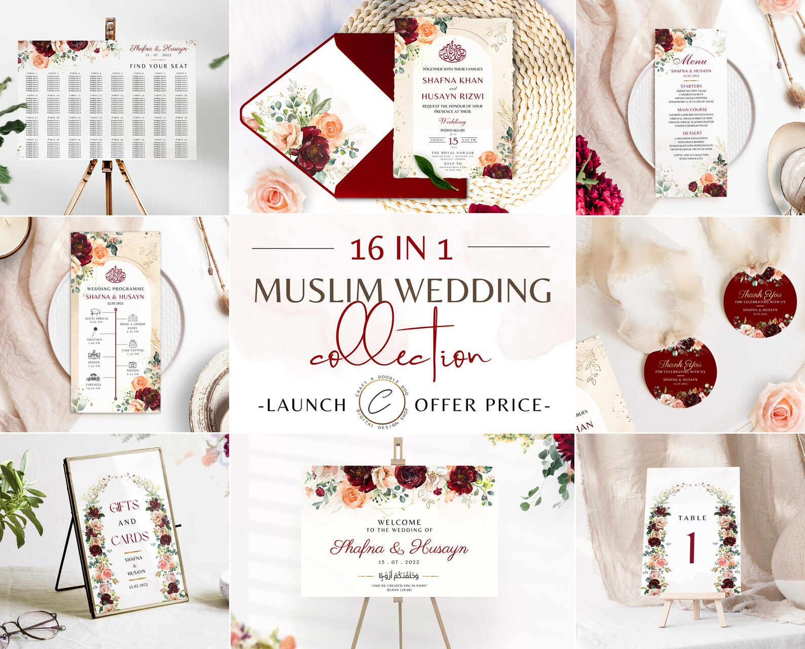 Custom Muslim Wedding Bundle Templates Editable Burgundy - Etsy
