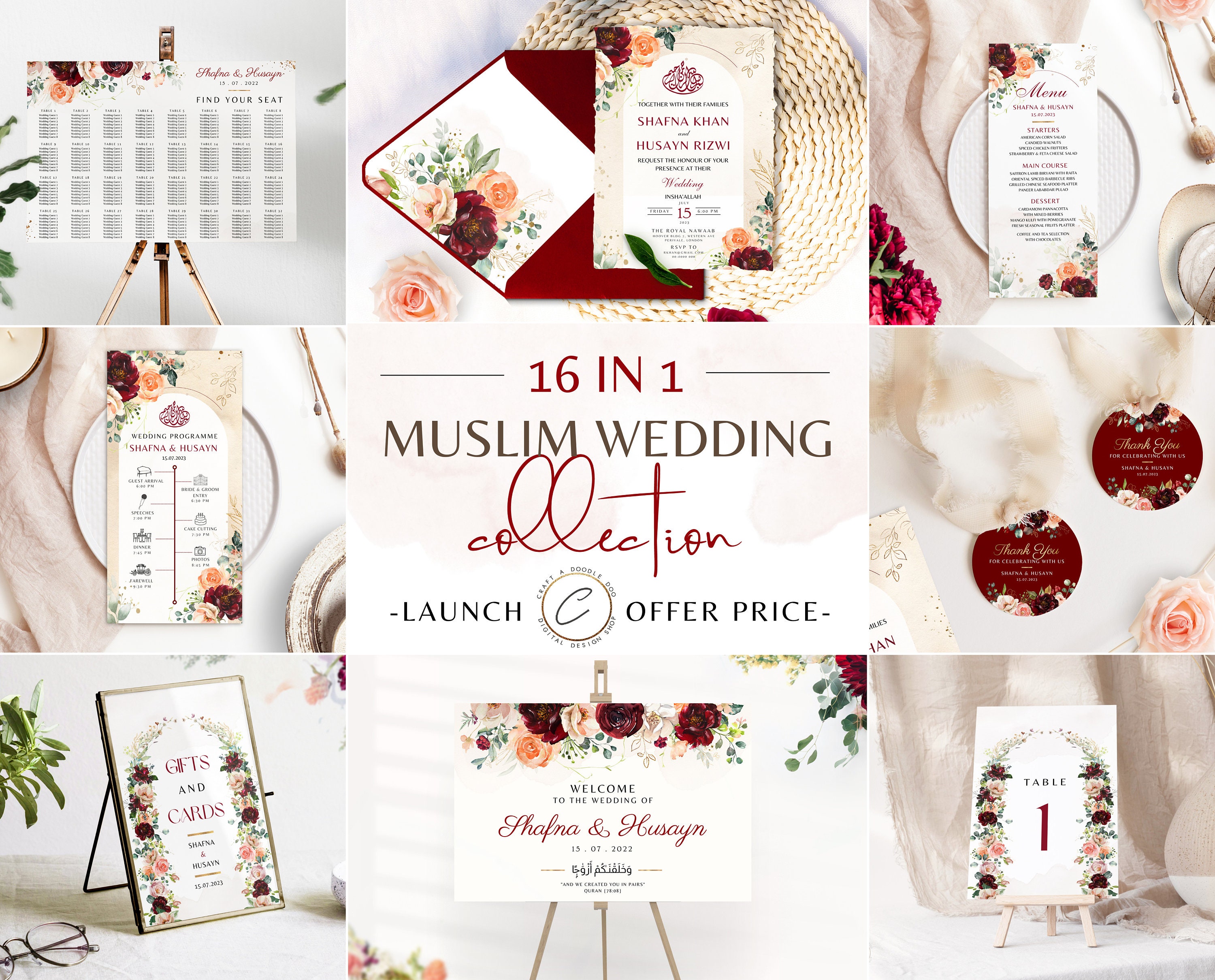 Custom Muslim Wedding Bundle Templates Editable Burgundy - Etsy