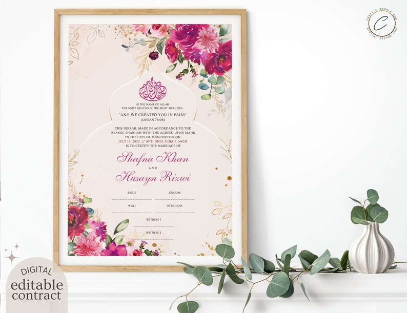 Editable Nikkah Contract Luxury Gold Pink Floral Nikahnama - Etsy