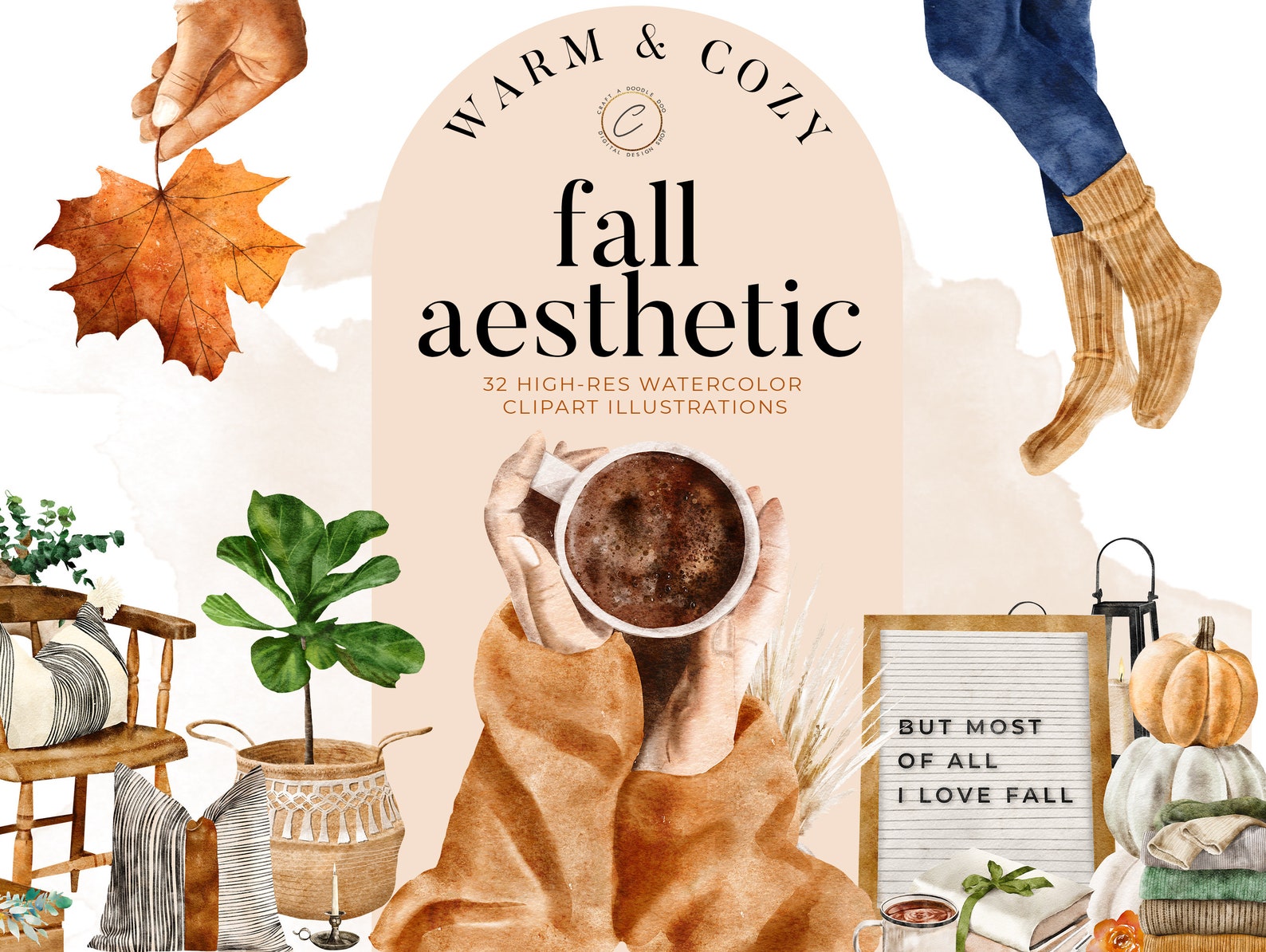Watercolor Fall Decor Clipart Cozy Autumn Clip Art Commercial - Etsy